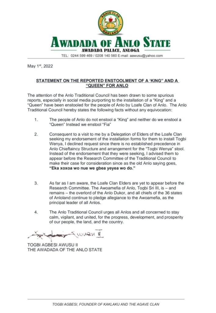 Statement from Awadada of Anlo State - Fafaa Fm